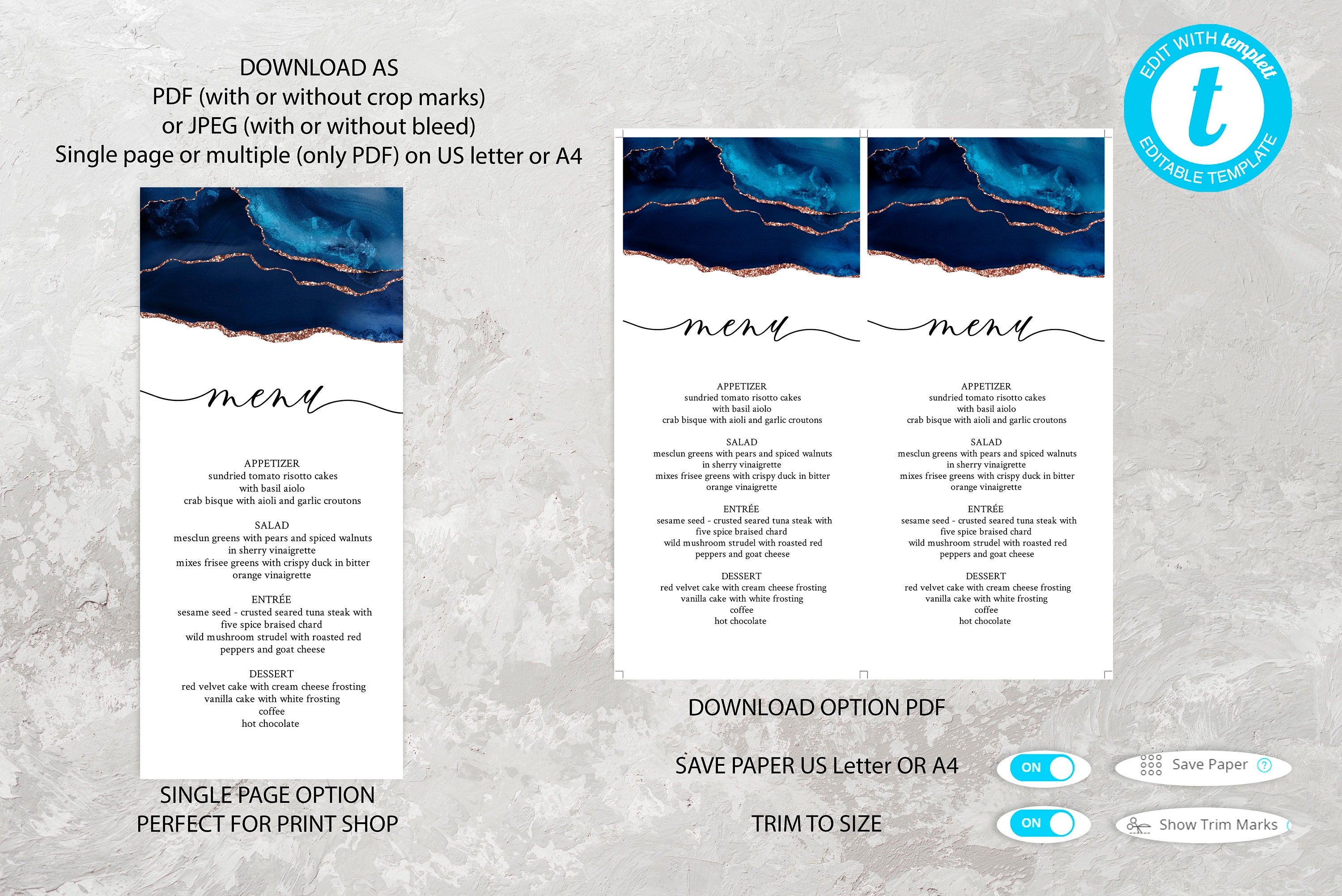 Wedding Menu Card Blue Wedding Menu Digital Template Wedding - Etsy