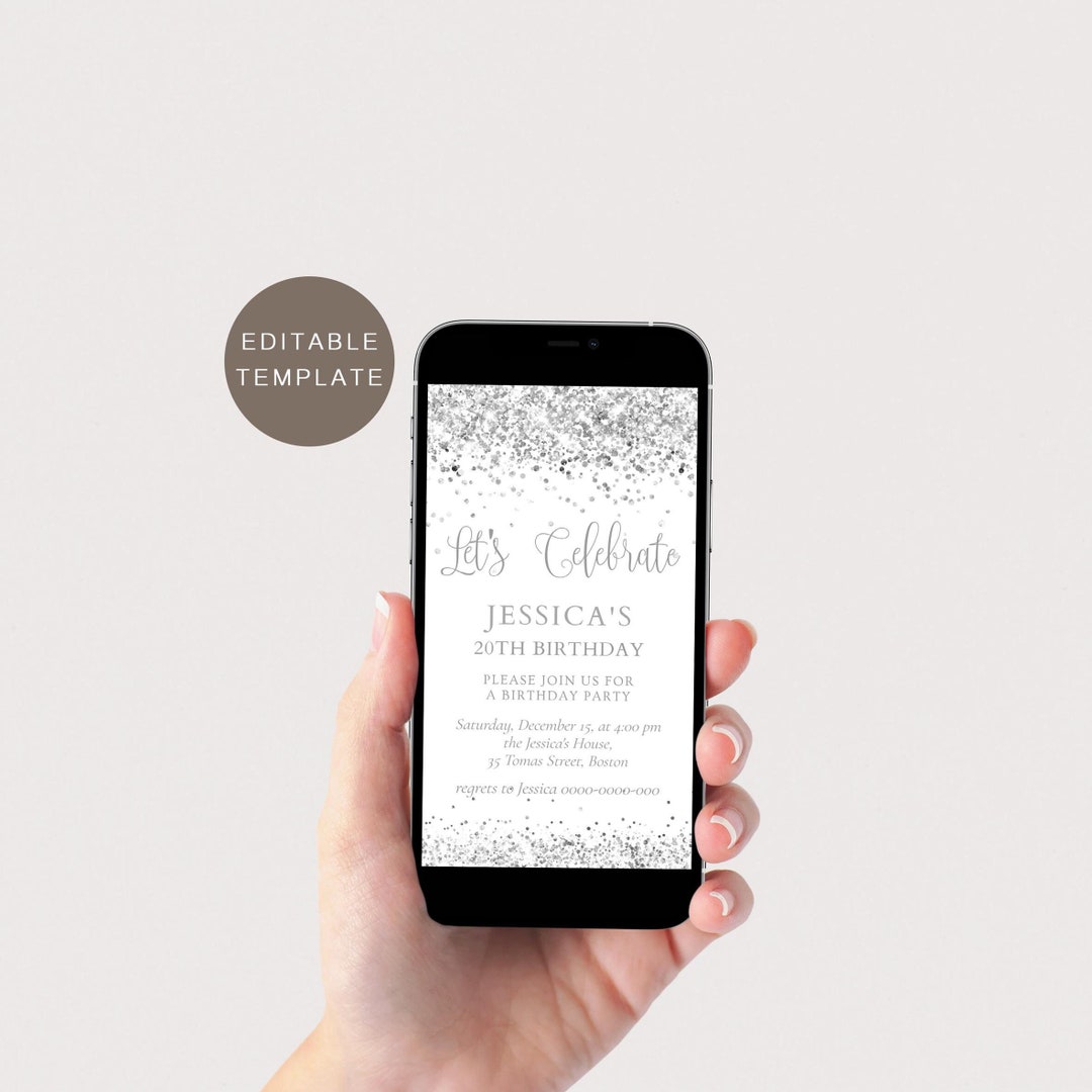 Silver Glitter Birthday Invitation: Editable Electronic Template ...