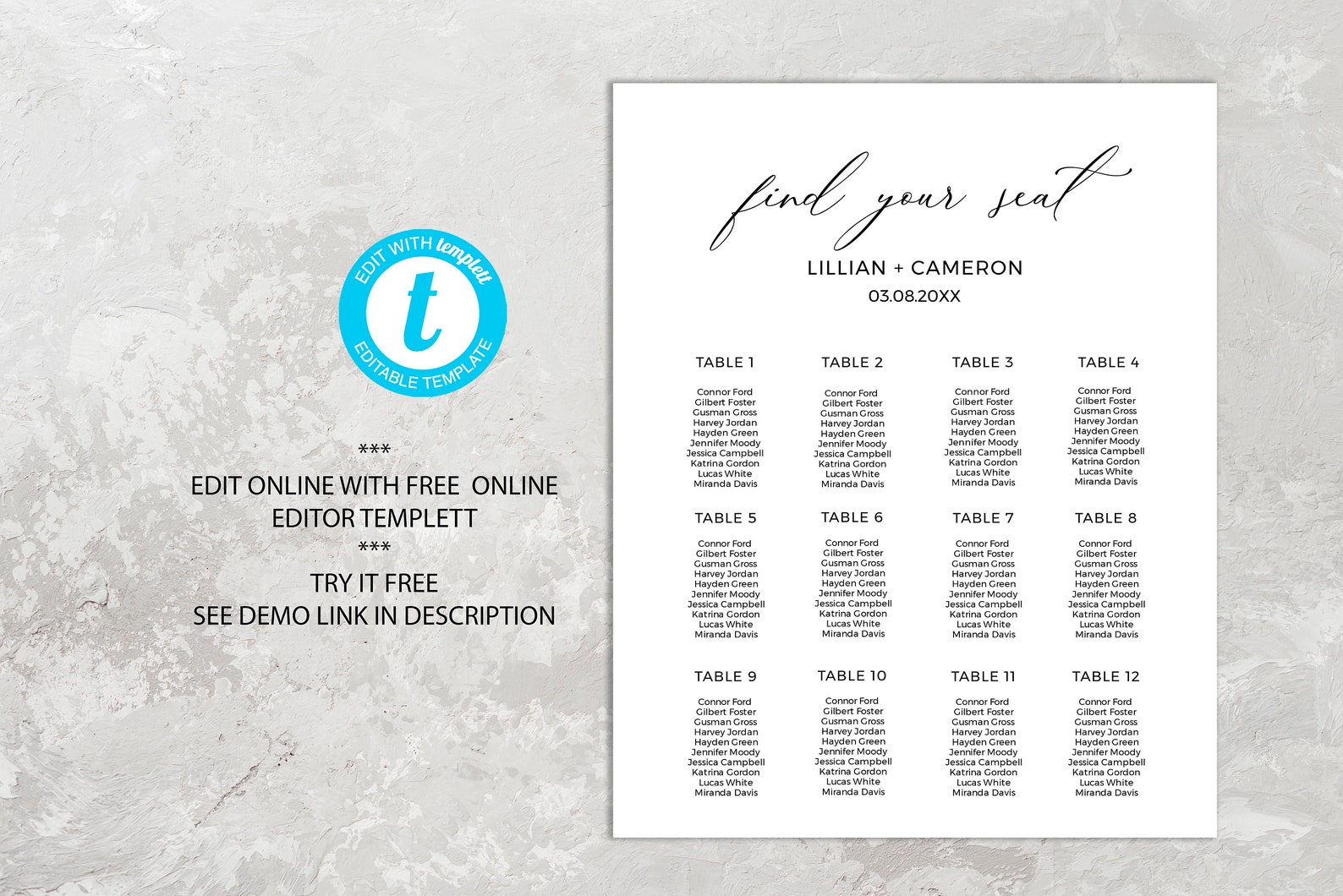 Wedding Seating Chart for Small Wedding, Seating Chart Template, 12 ...