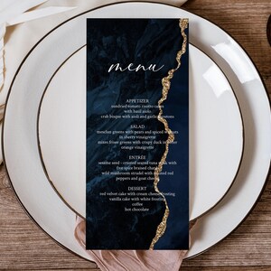 Wedding Menu Blue and Gold, Menu Template Download, Navy Blue Menu Card ...
