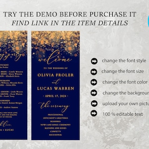Wedding Program Template Blue and Gold, Ceremony Program, Order of ...