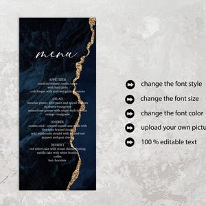 Wedding Menu Blue and Gold, Menu Template Download, Navy Blue Menu Card ...