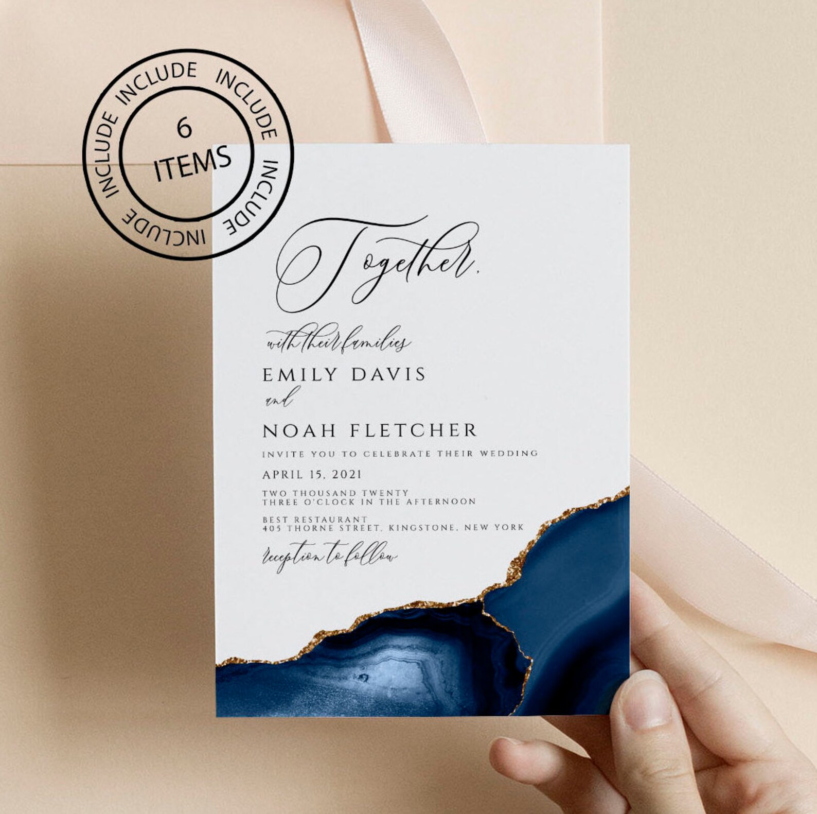 Blue and Gold Wedding Invitation Suite Template Blue Marble - Etsy