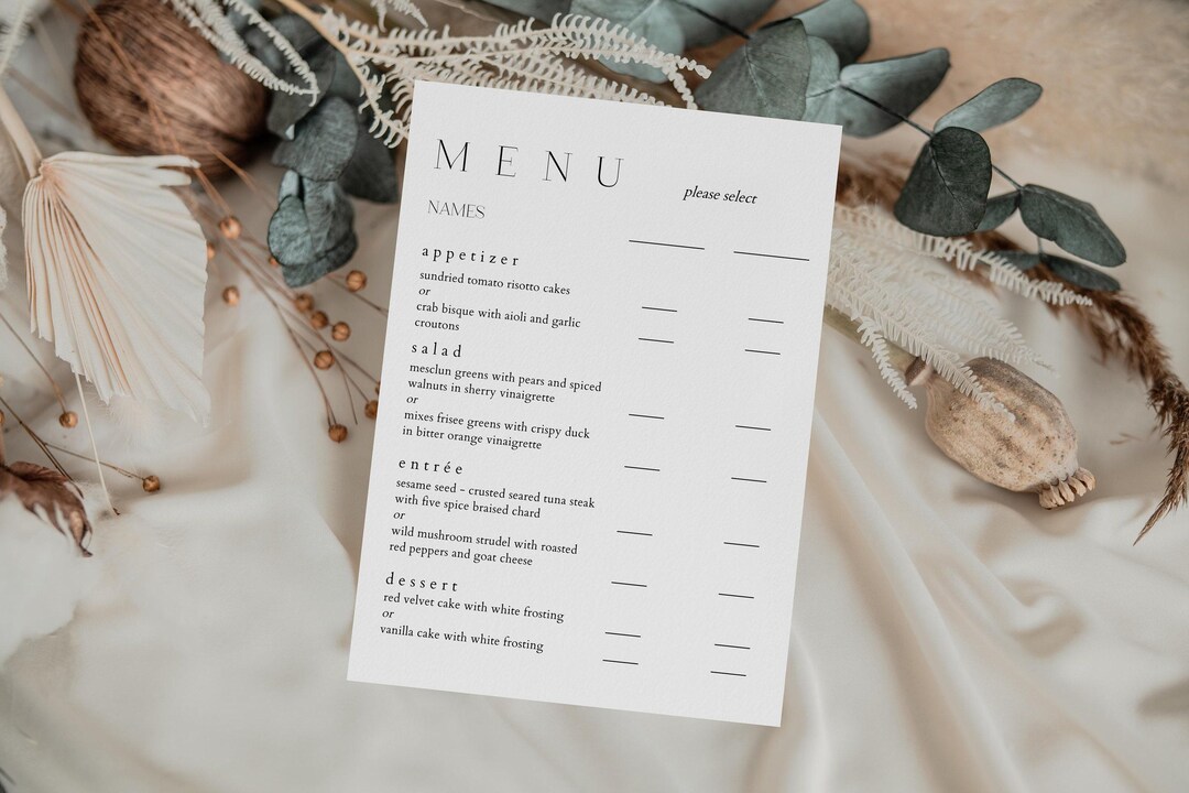 Wedding Menu Choice Card, Menu Selection Card, Wedding Menu Card ...