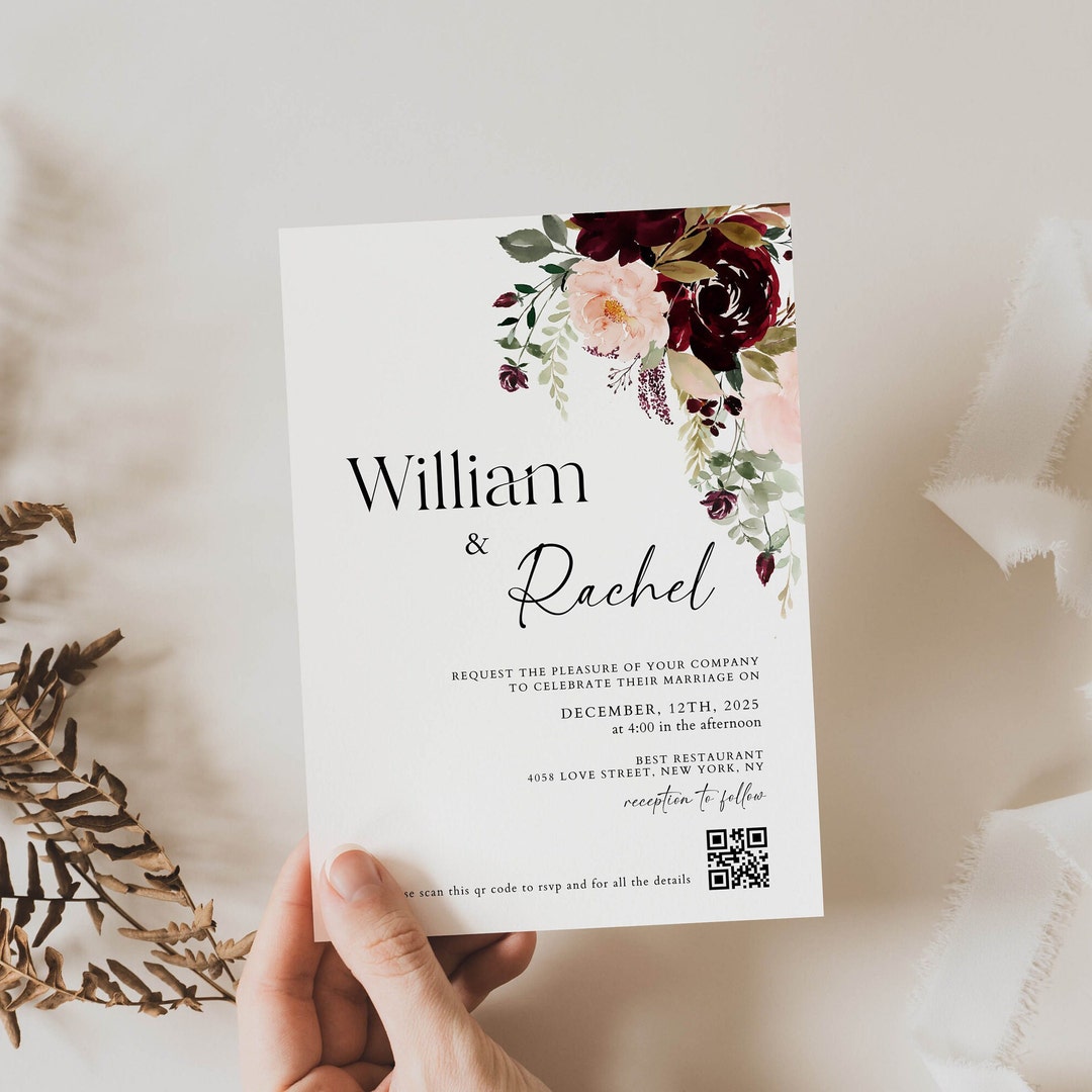 Wedding Invitation Burgundy, Wedding Invitation With QR Code, Wedding ...