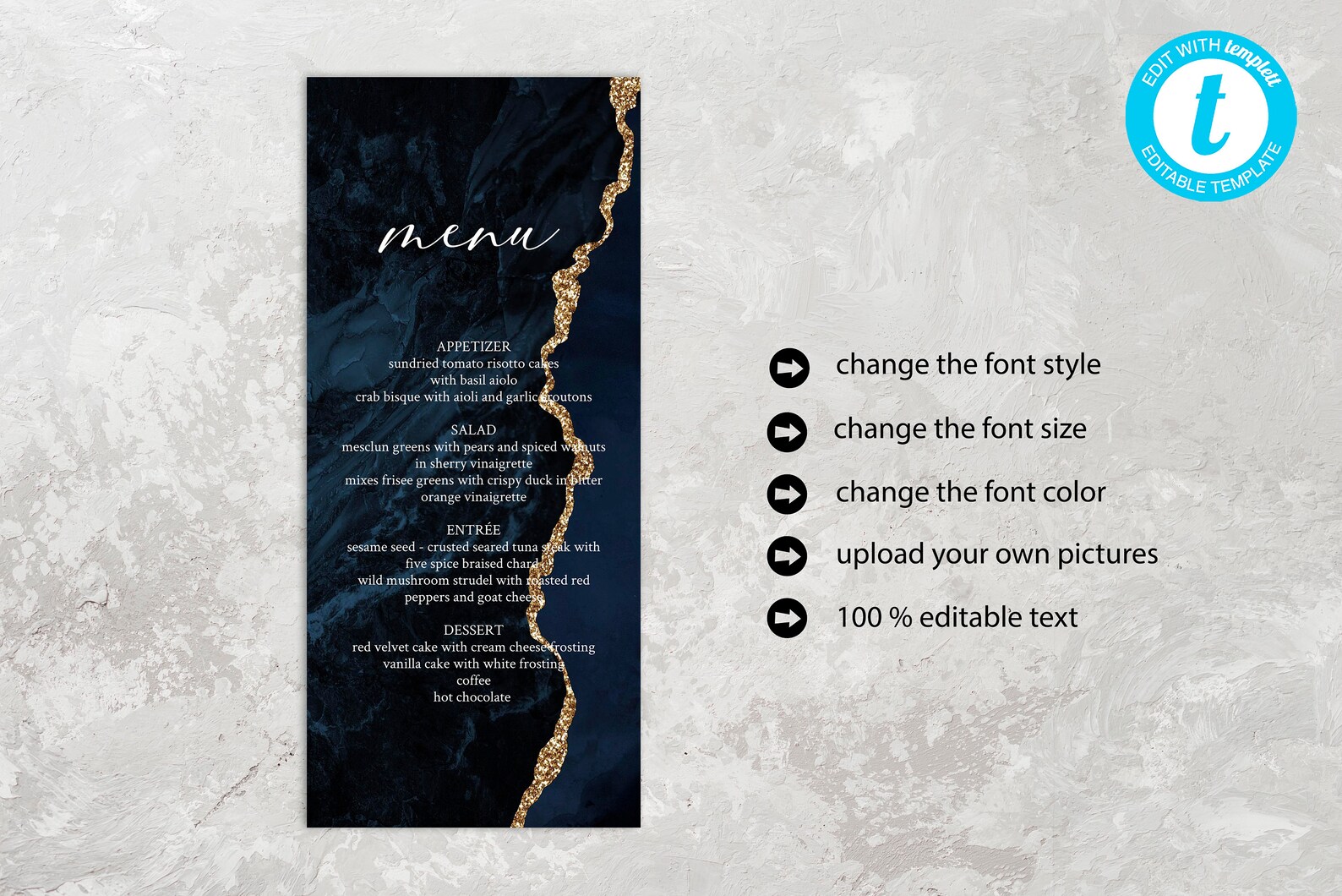 Wedding Menu Blue and Gold, Menu Template Download, Navy Blue Menu Card ...
