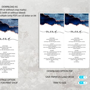 Wedding Menu Card Blue and Rose Gold, Dinner Menu Card Template, Menu ...