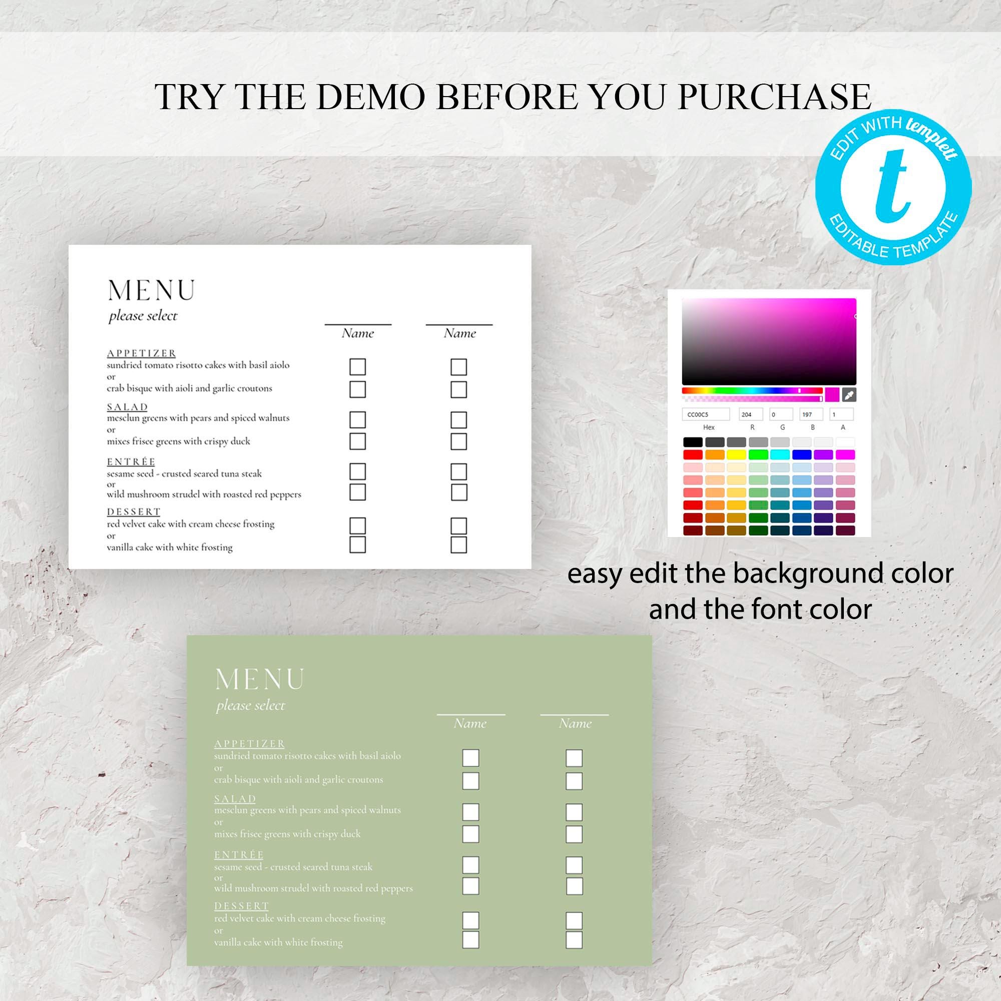 Wedding Menu Selection Card, Food Choice, Editable Template, Instant ...