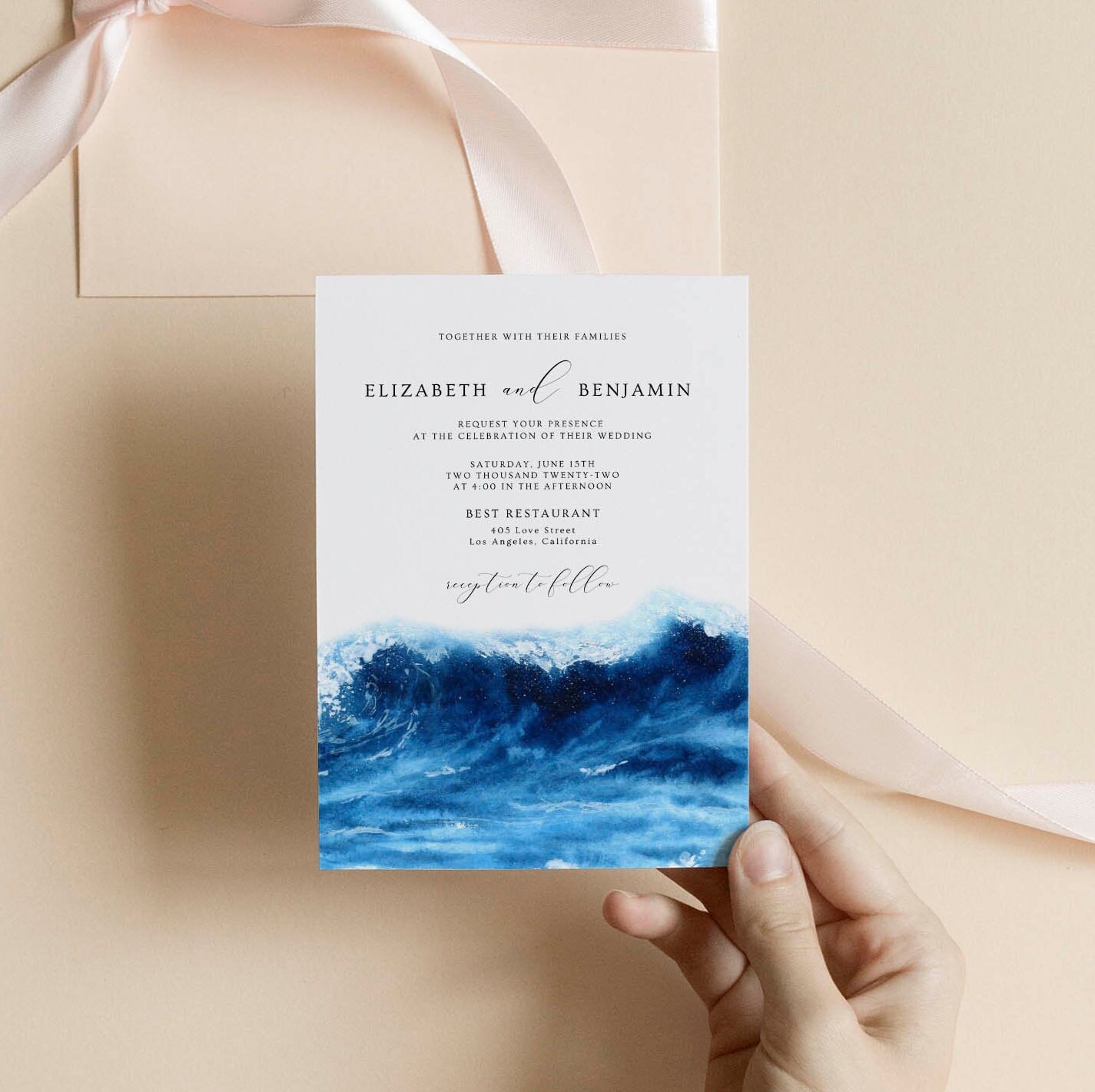 Watercolor Wedding Invitation Ocean Template, Blue Wedding Invitation ...