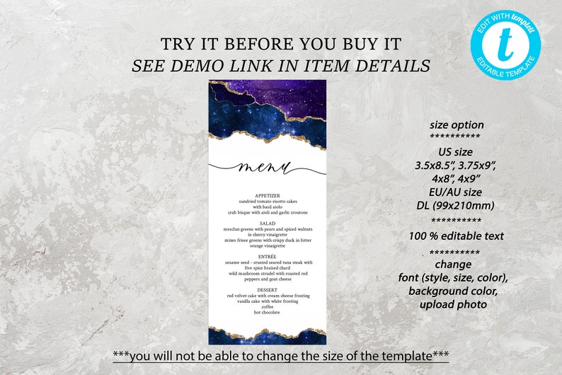 Menu Template Birthday Menu Card Galaxy Menu Card Fairytale - Etsy