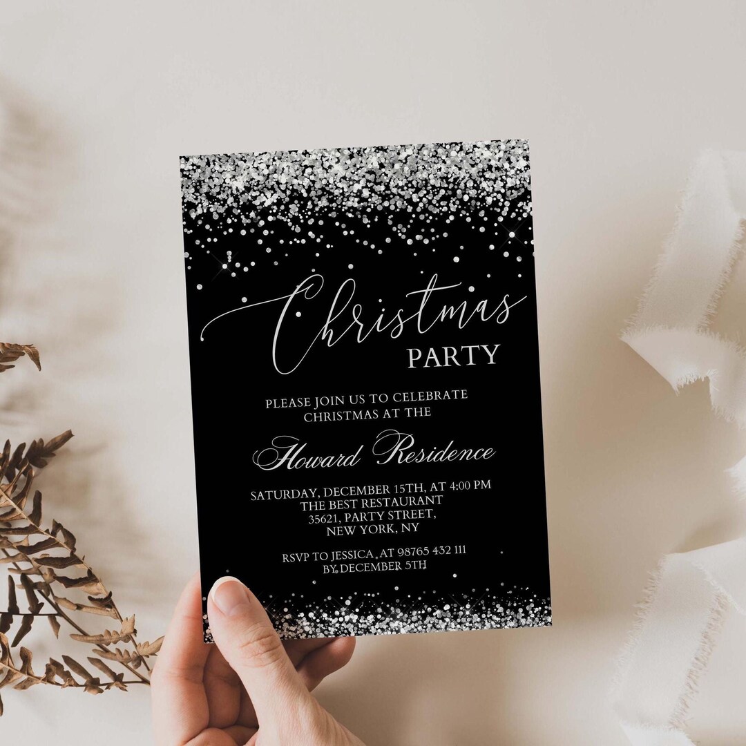 Silver Christmas Party Invitation, Black and Silver Christmas ...