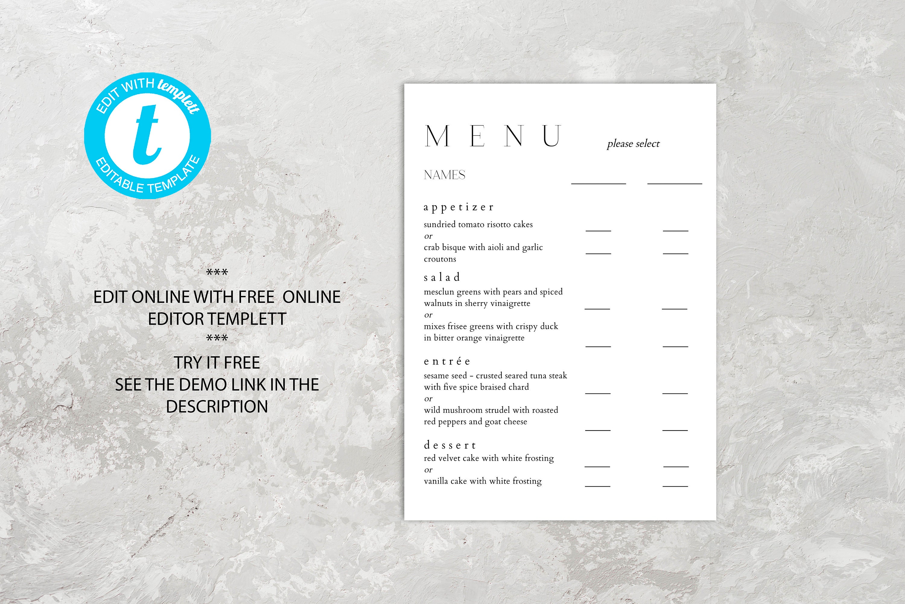 Wedding Menu Choice Card Menu Selection Card Wedding Menu - Etsy