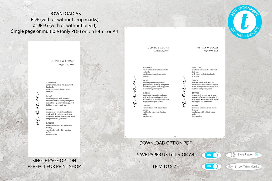 Modern Wedding Menu Minimal Wedding Menu Template Editable | Etsy