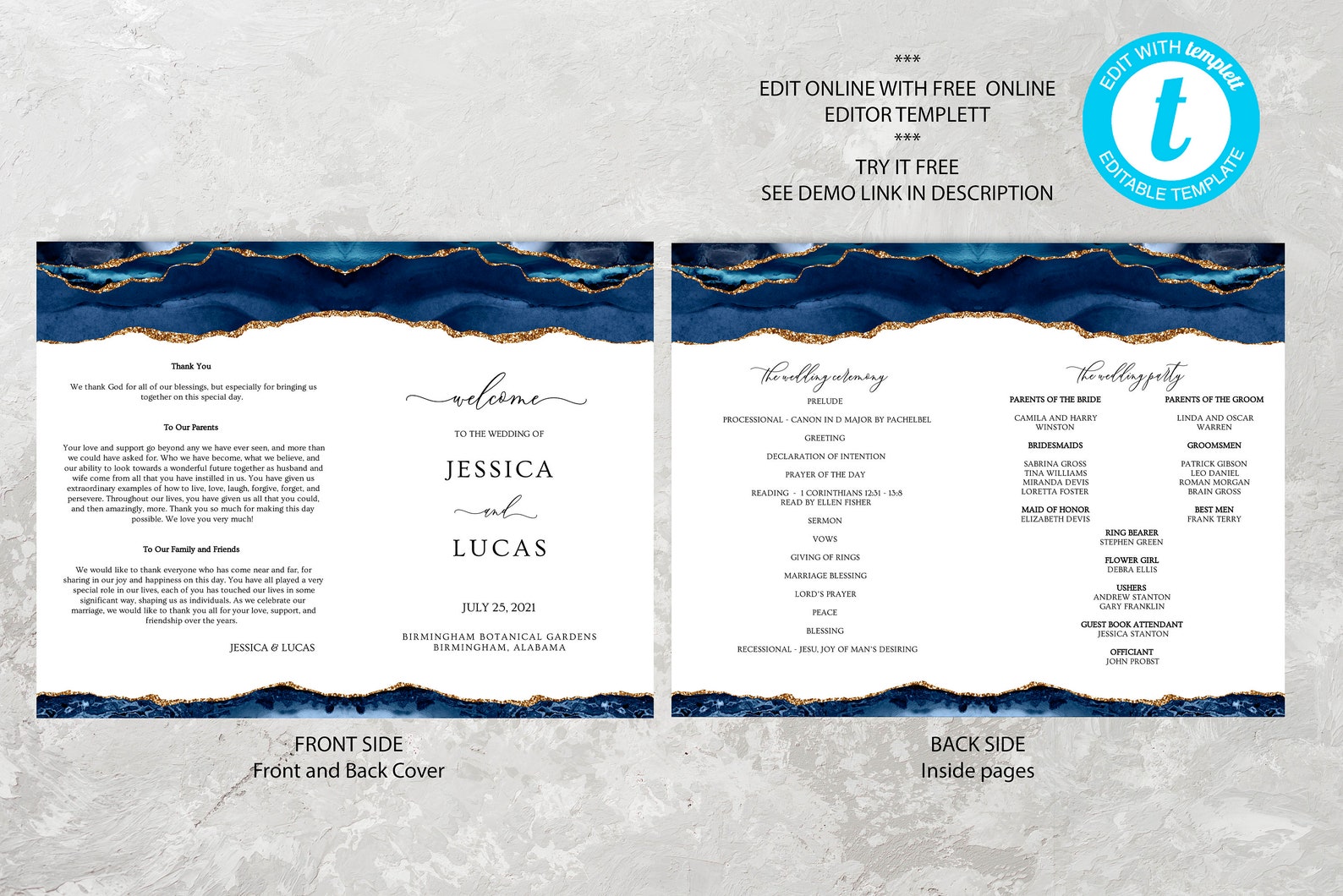 Folded Wedding Program Template, Blue and Gold Wedding Program, Bifold ...