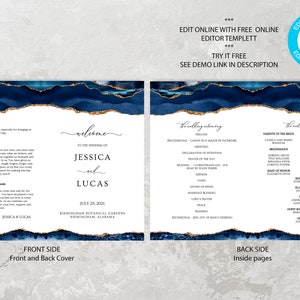 Folded Wedding Program Template, Blue and Gold Wedding Program, Bifold ...