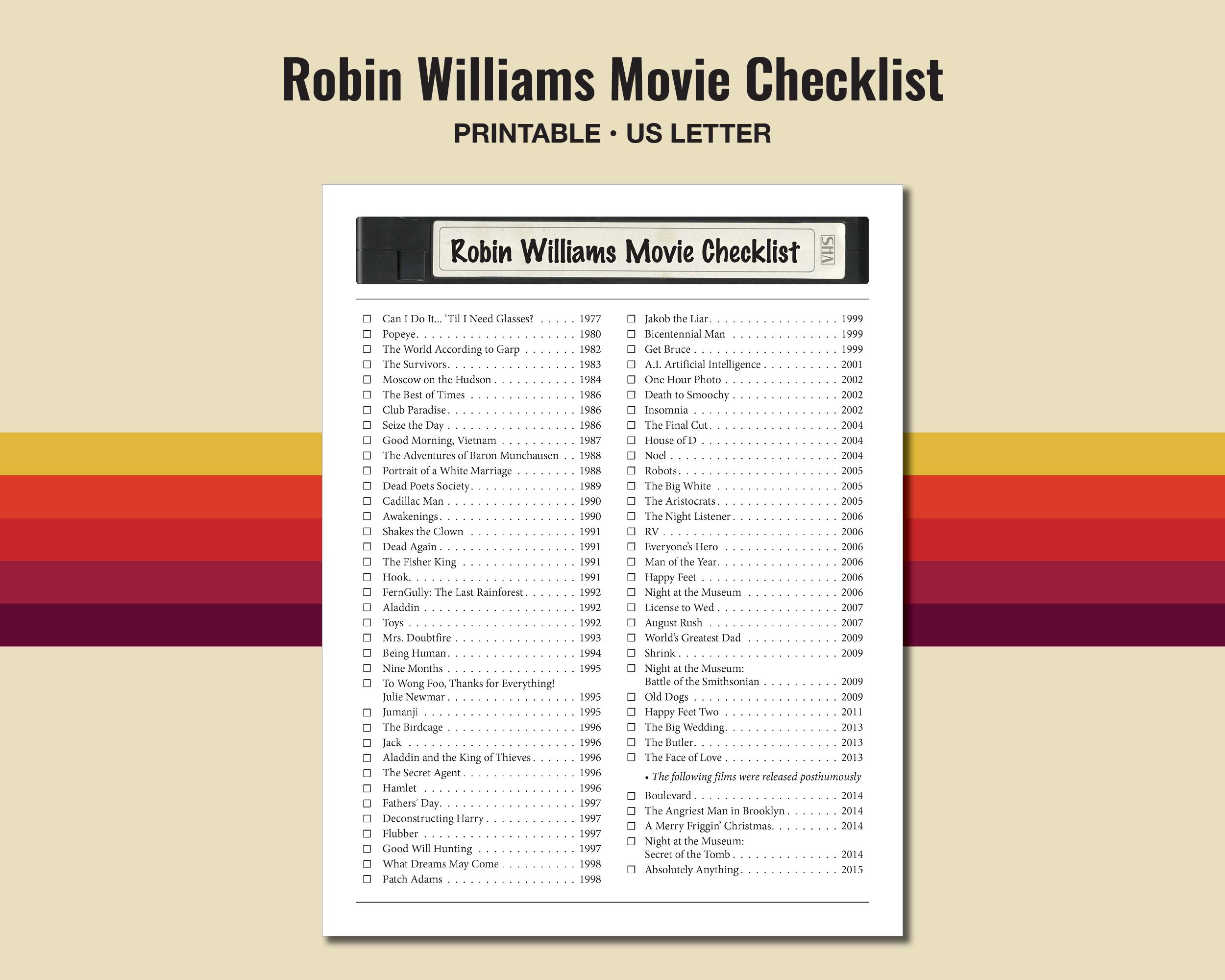Robin Williams Movie Checklist Printable US Letter Mrs. Doubtfire Hook ...