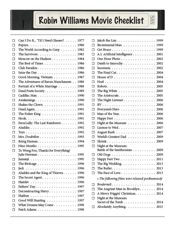 Robin Williams Movie Checklist Printable US Letter Mrs. Doubtfire Hook ...