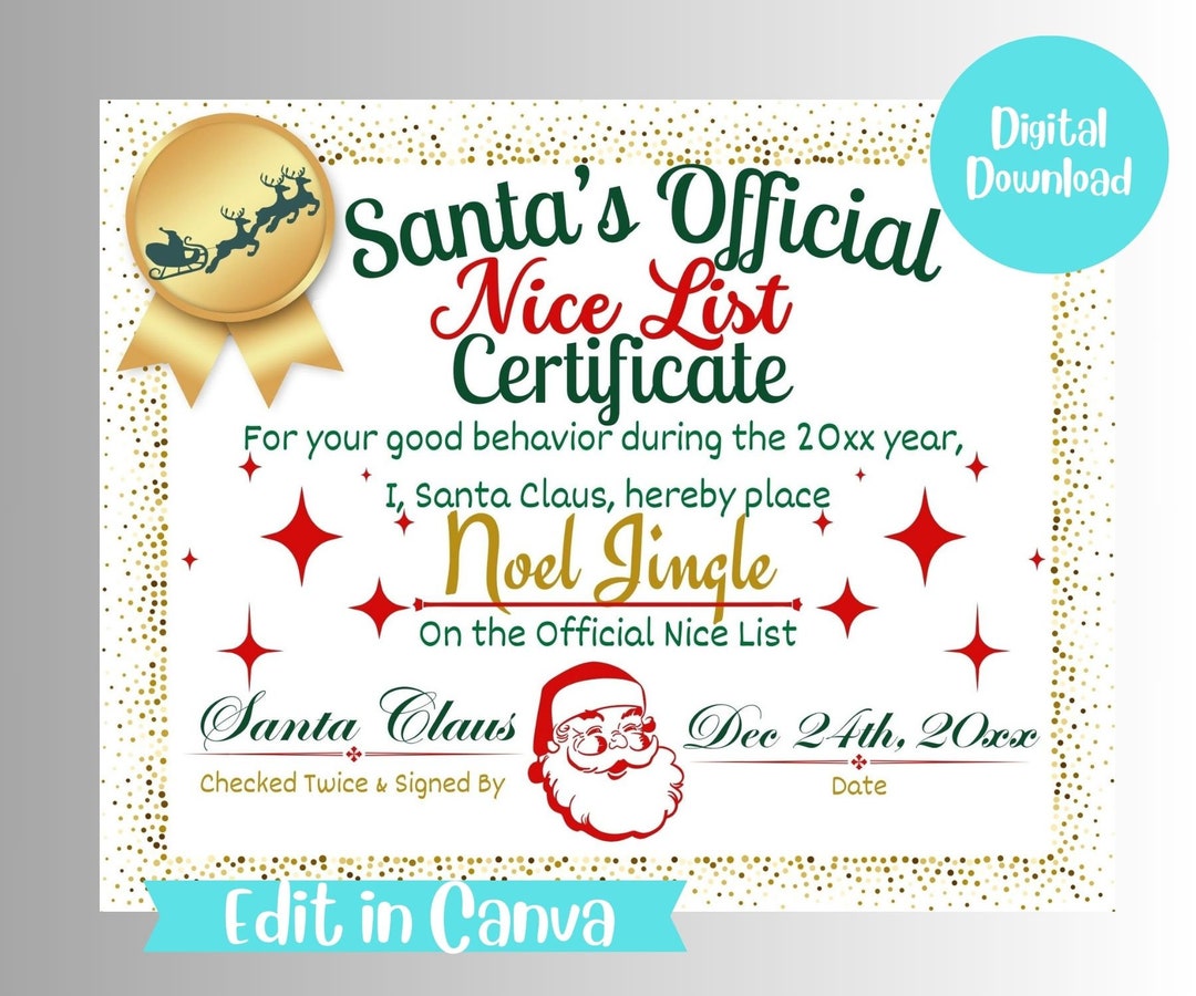 Editable Santa Nice List Certificate Letter From Desk of Santa Claus ...