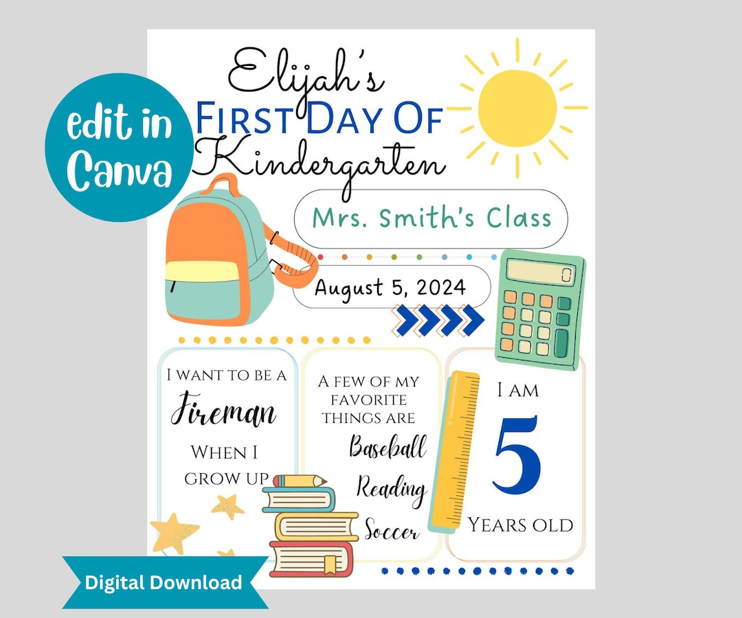 Instant Download Kindergarten First Day of School Print at Home Poster ...
