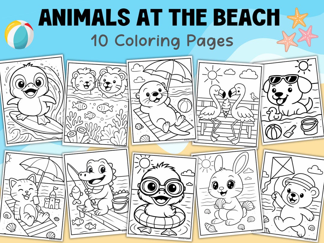 Summer Coloring Pages for Kids, Animals at the Beach, Kawaii Cute ...