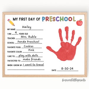 First Day of Preschool Handprint, 1st Day of School Questionnaire, Pre ...