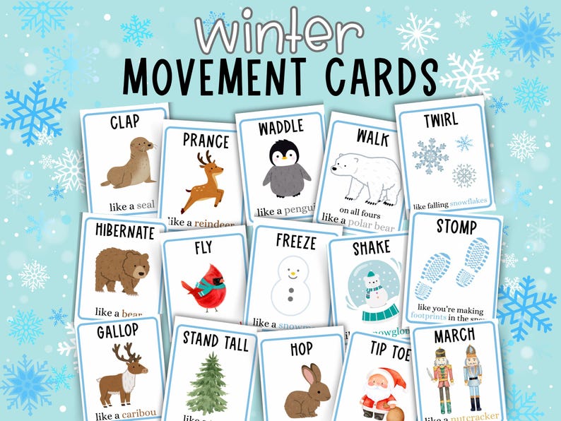 Winter Movement Cards, Kids Flash Cards Printable, Christmas Activity ...