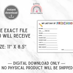Last Day of Preschool Handprint, Last Day of School Questionnaire, Pre ...