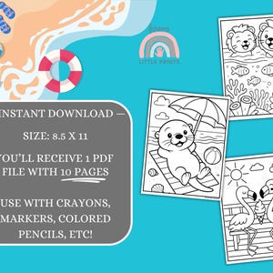 Summer Coloring Pages for Kids, Animals at the Beach, Kawaii Cute ...