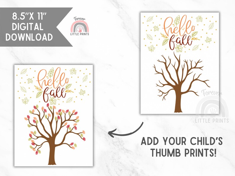 Fall Fingerprint Art, Tree Leaves Thumbprint Craft for Toddlers Kids ...