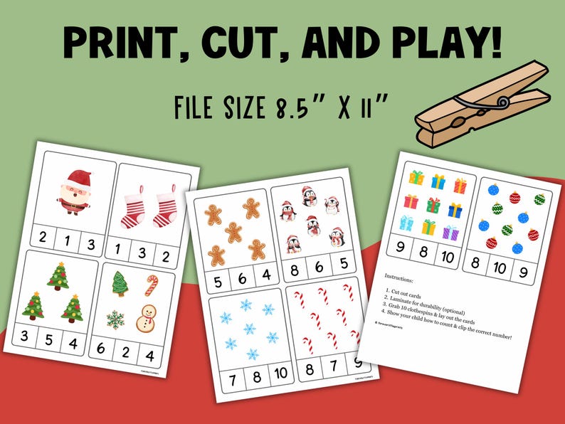 Christmas Count Clip Cards Winter Clothespin Activity Pages Learning ...
