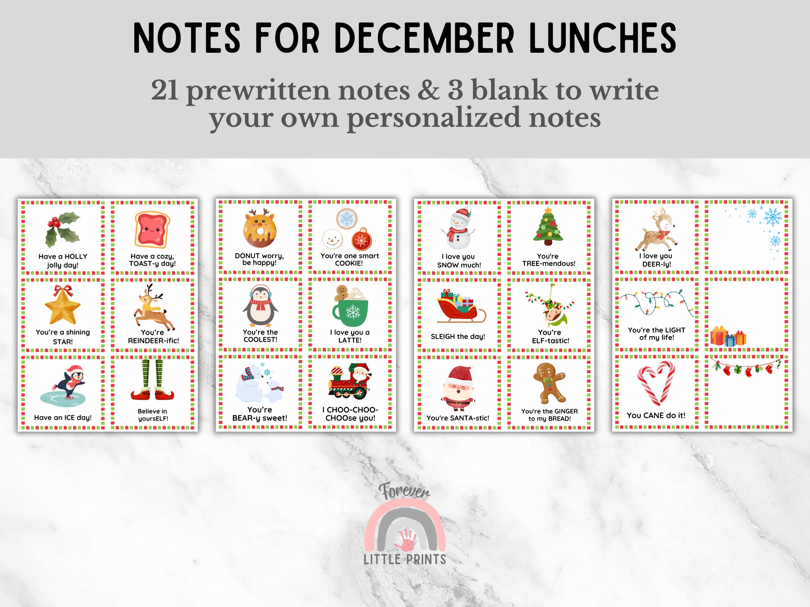 Christmas Lunch Notes, Lunch Box Cards, Holiday Lunch Notes, Holiday ...
