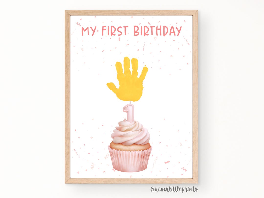 My First Birthday Handprint Art, 1st Bday Cupcake Hand Print Craft ...