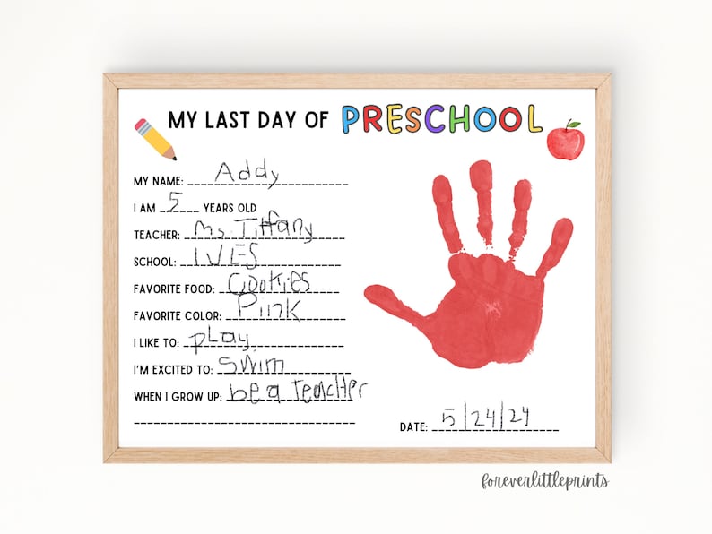 Last Day of Preschool Handprint, Last Day of School Questionnaire, Pre ...