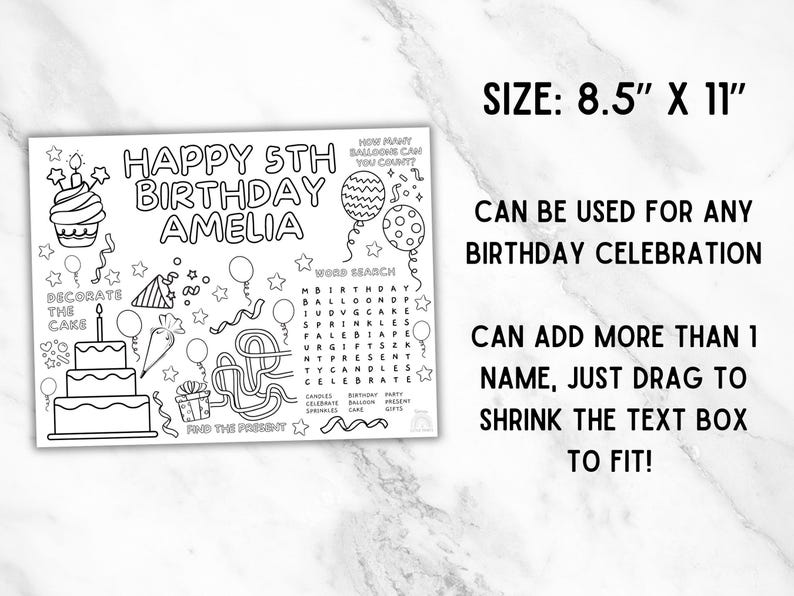 Birthday Coloring Placemat for Kids Personalized Party Sheet Paper ...