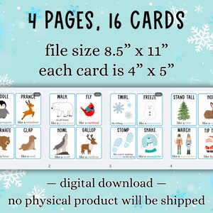 Winter Movement Cards, Kids Flash Cards Printable, Christmas Activity ...