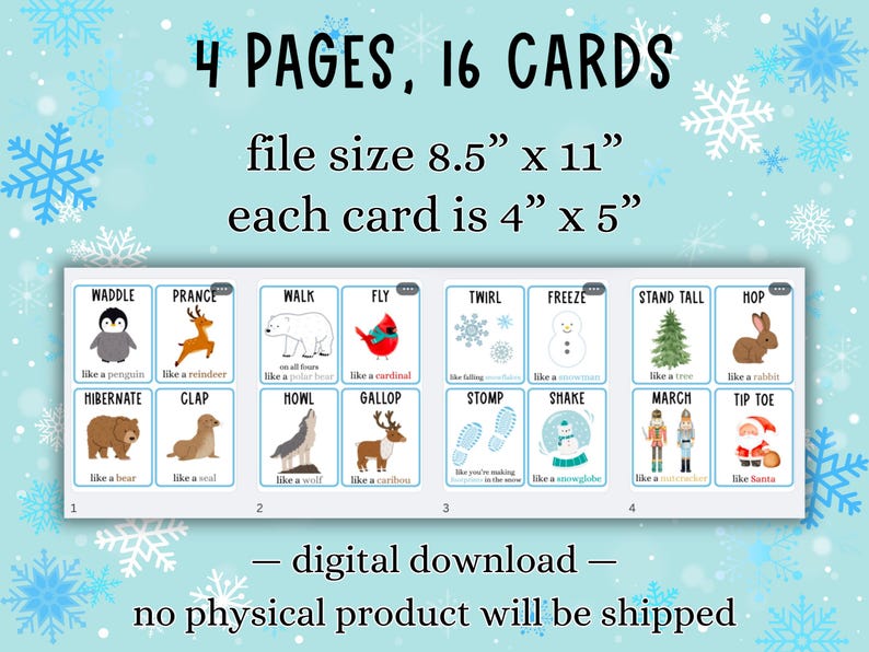 Winter Movement Cards, Kids Flash Cards Printable, Christmas Activity ...