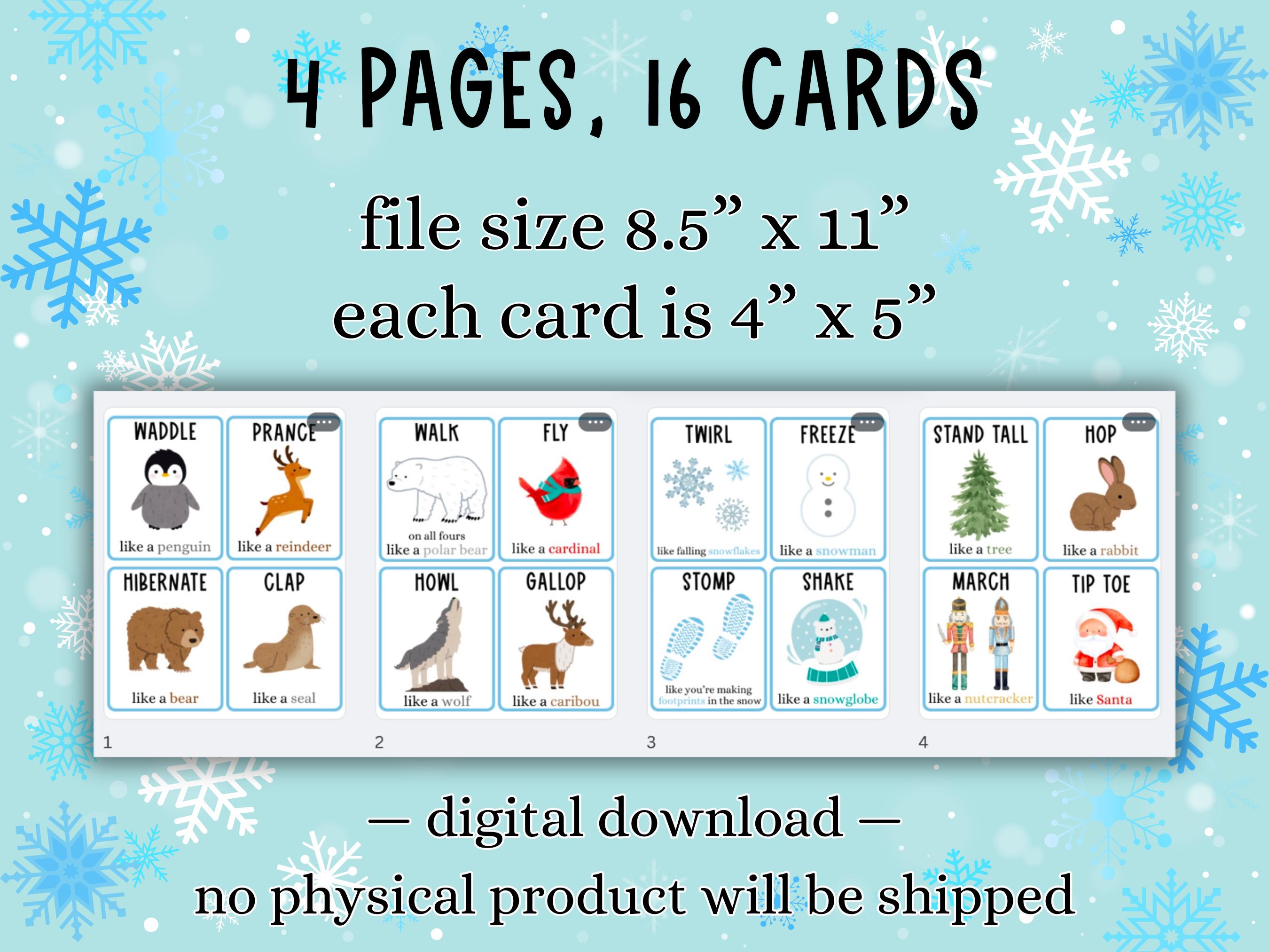 Winter Movement Cards, Kids Flash Cards Printable, Christmas Activity ...