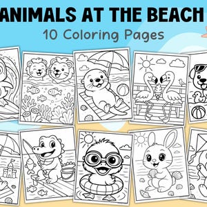 Summer Coloring Pages for Kids, Animals at the Beach, Kawaii Cute ...