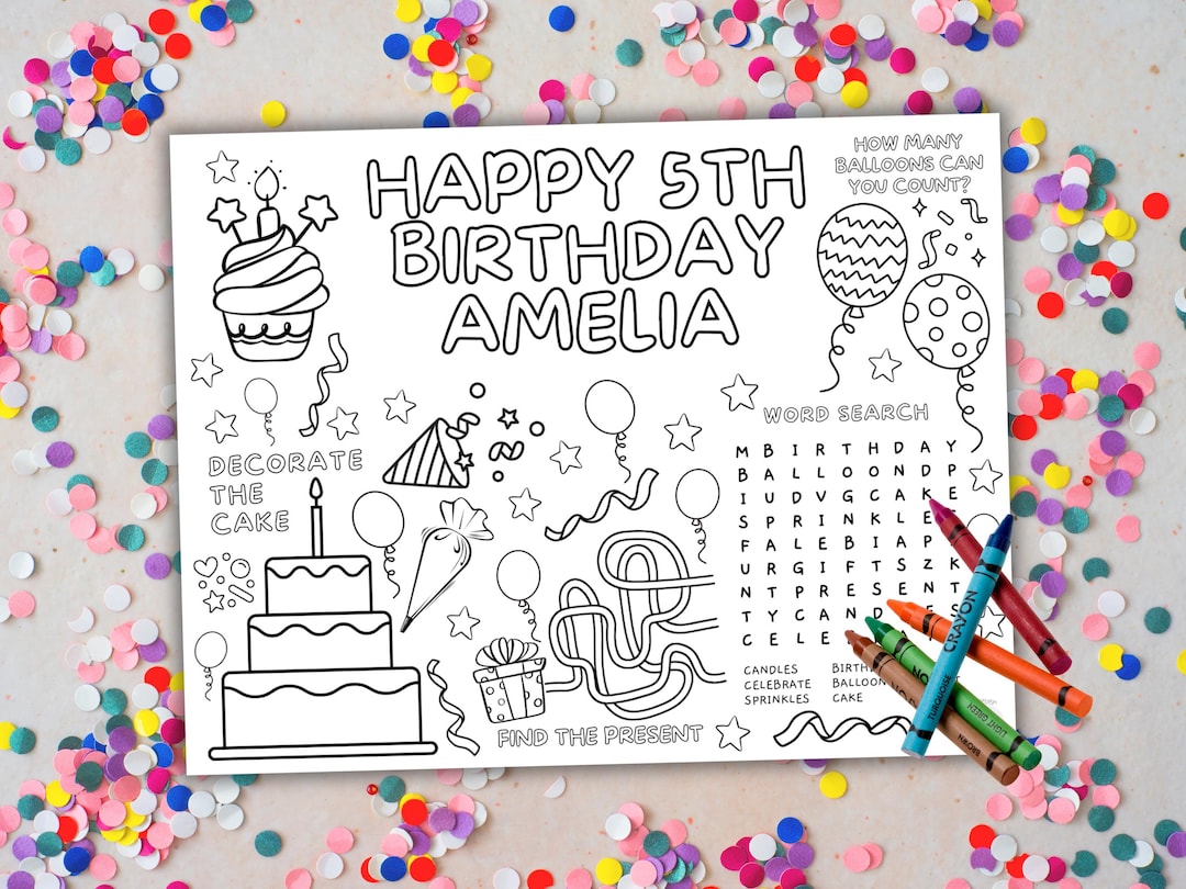 Birthday Coloring Placemat for Kids Personalized Party Sheet Paper ...