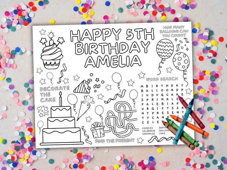 Birthday Coloring Placemat for Kids Personalized Party Sheet Paper ...