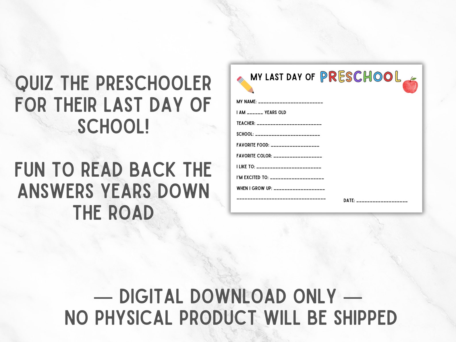 Last Day of Preschool Handprint, Last Day of School Questionnaire, Pre ...