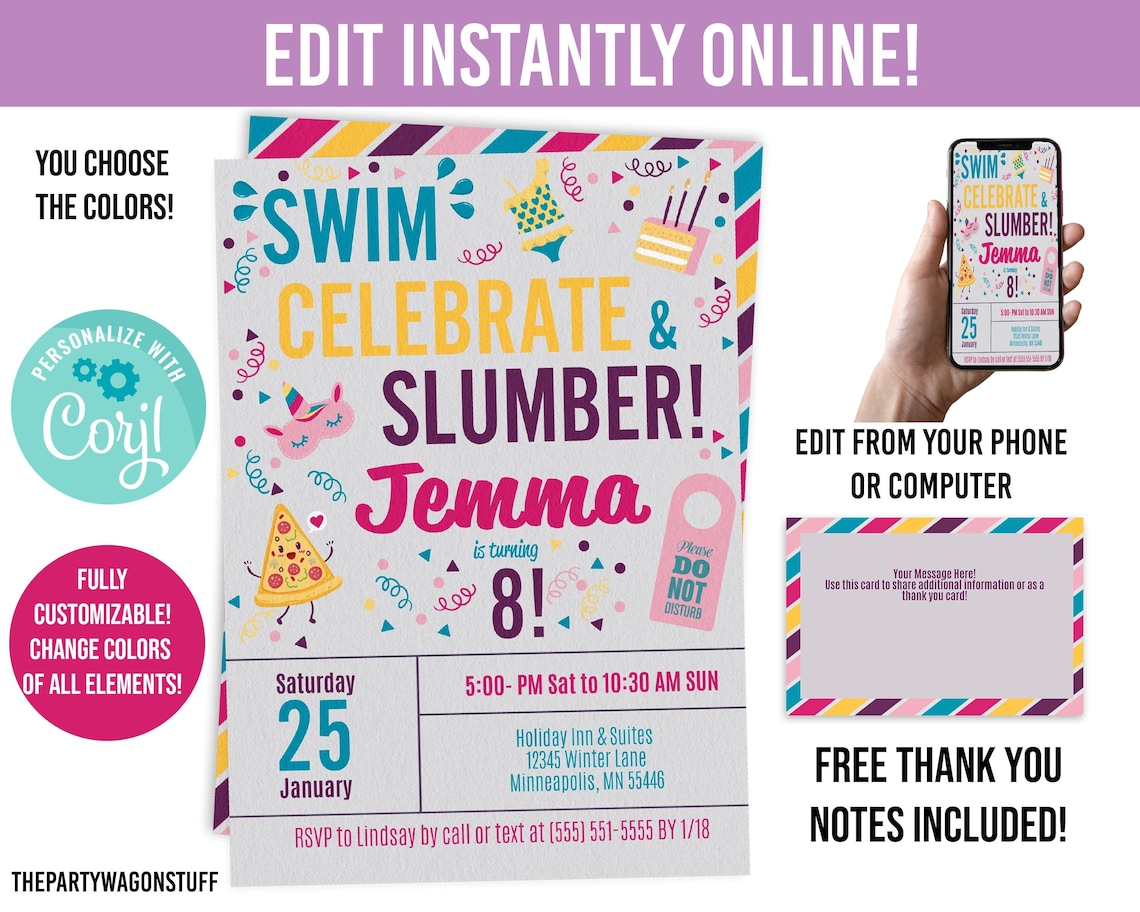 Hotel Swimming Birthday Party Invitation Sleepover Slumber | Etsy