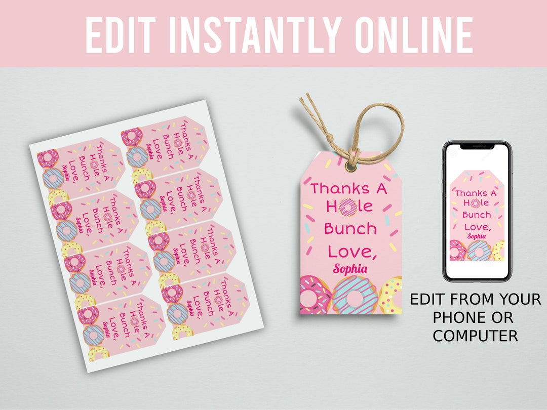 Donut Party Favor Thank You Tag, Doughnut Bag Tag, Instant Download ...