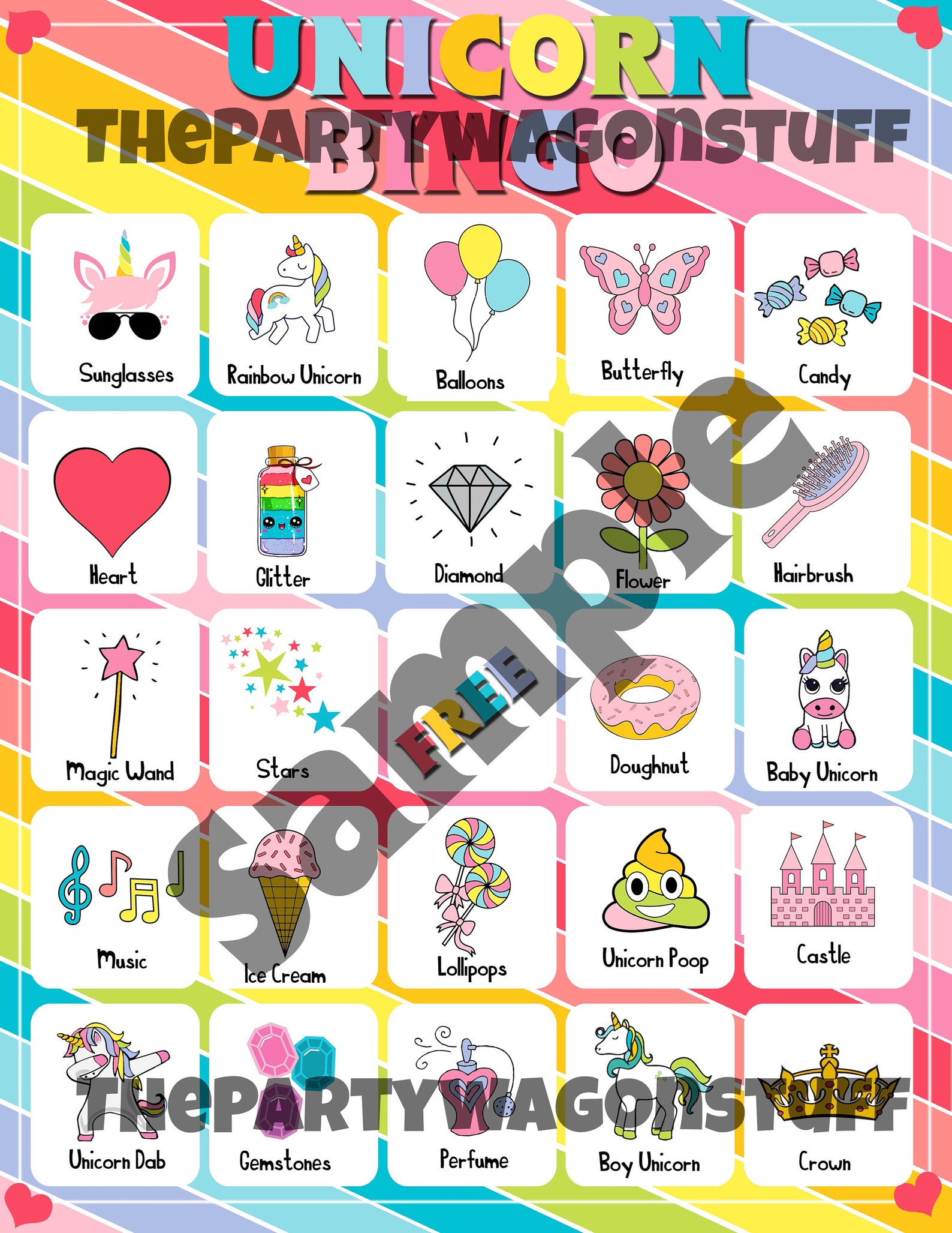 Unicorn Rainbow BINGO Printable Party Game Bright and - Etsy