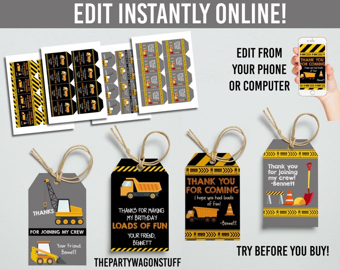 Editable Construction Birthday Thank You Tags Favor Tags Loads of Fun ...