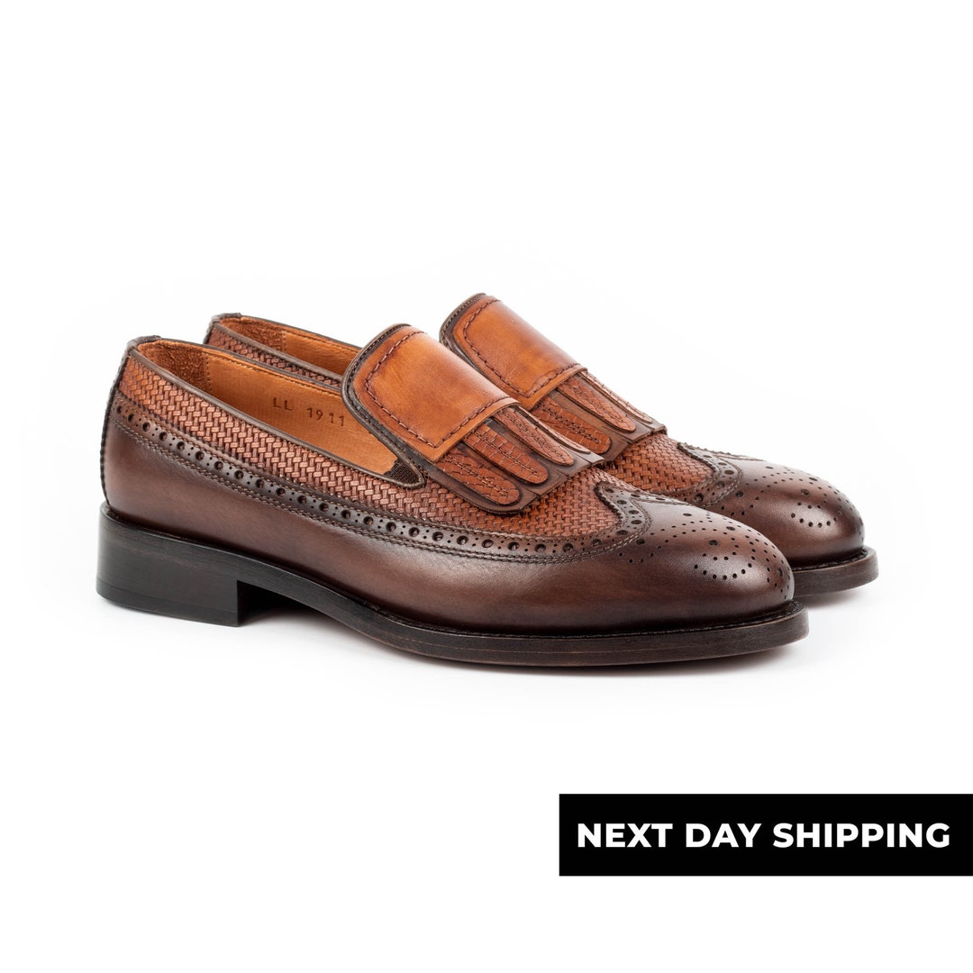 Zerbay Athos Men's Brown Calf Leather Wingtip Brogue Loafer Handcrafted ...