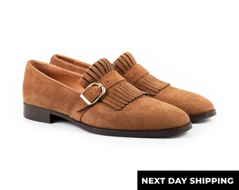 Zerbay Mauna Men's Navy & Tobacco Single Monk Strap Calf Suede Leather ...