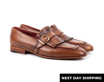 Zerbay Mauna Men's Navy & Tobacco Single Monk Strap Calf Suede Leather ...