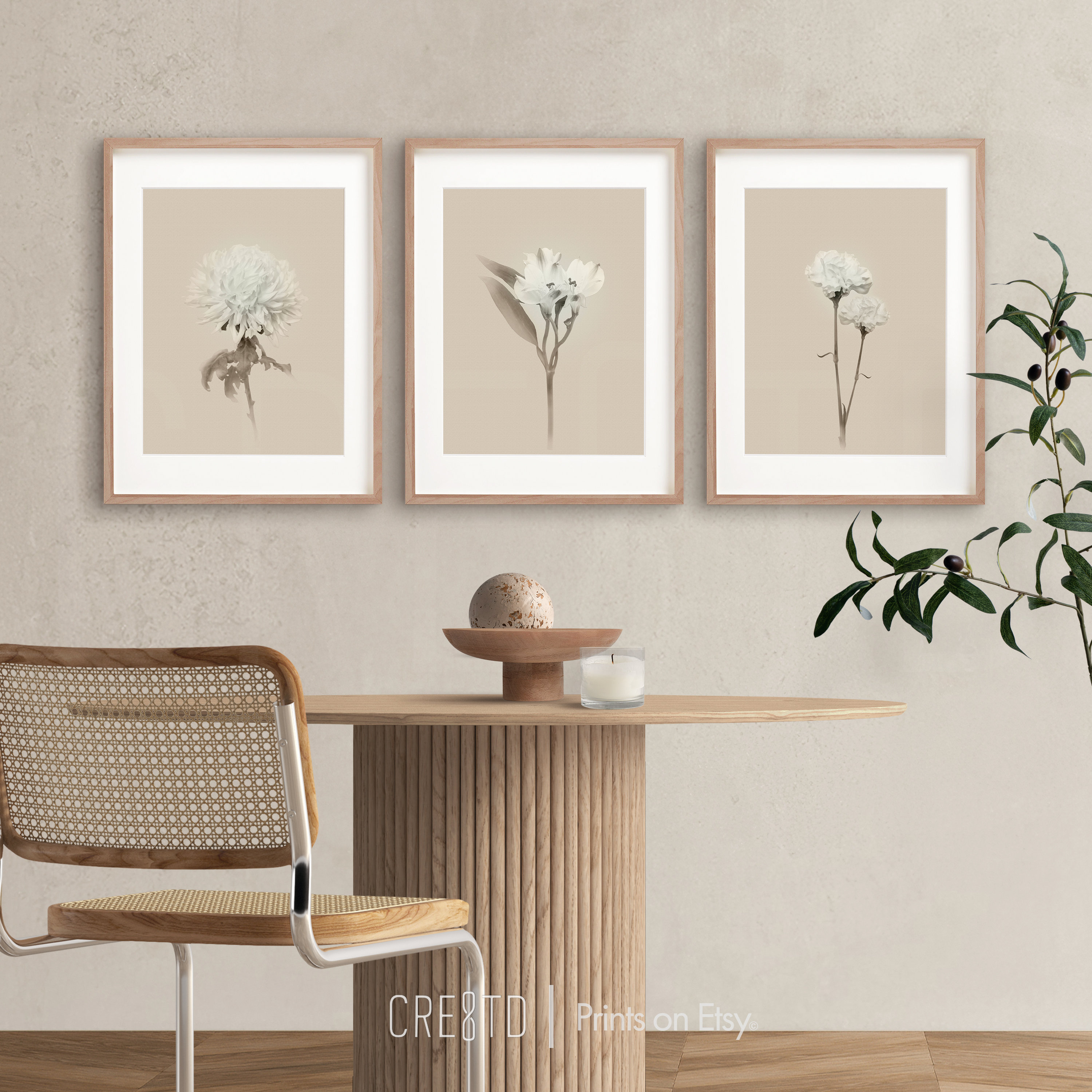 Cream Beige Floral Flowers Wall Art, 3-piece Art Set, Vintage Floral ...