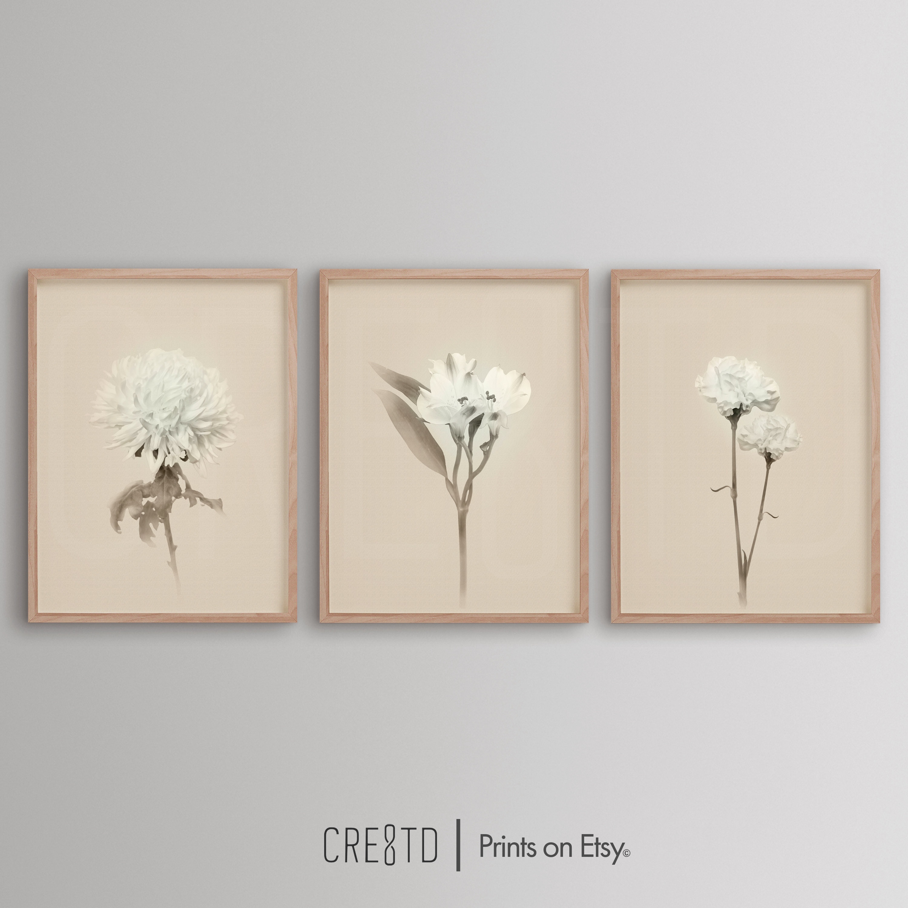 Cream Beige Floral Flowers Wall Art, 3-piece Art Set, Vintage Floral ...